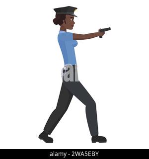 Policewoman with pointing gun. Female police officer shooting attack cartoon vector illustration ...