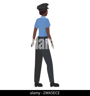 Back view of black woman police pointing with gun. African female officer with walkie talkie ...