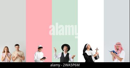 Set of representatives of different religions on color background Stock ...