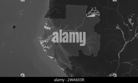 Gabon highlighted on a Grayscale elevation map with lakes and rivers ...