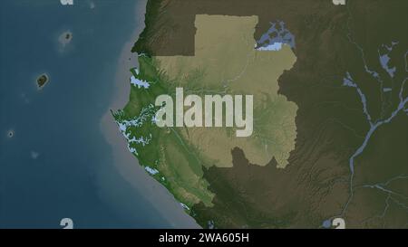 Gabon highlighted on a Colored elevation map with lakes and rivers map ...