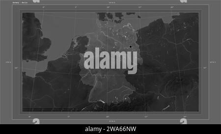 Germany highlighted on a Grayscale elevation map with lakes and rivers ...