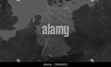 Germany highlighted on a Grayscale elevation map with lakes and rivers ...