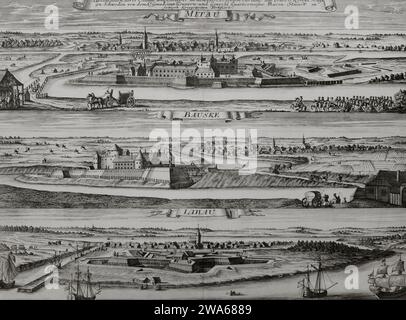 History of Latvia. From top to bottom: fortifications of Jelgava ...