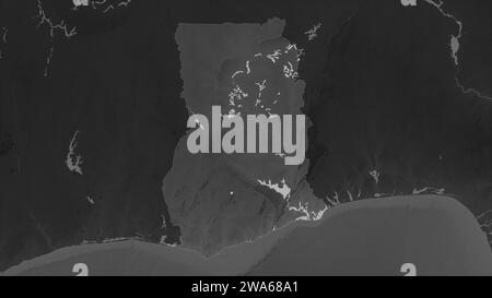 Ghana highlighted on a Grayscale elevation map with lakes and rivers ...