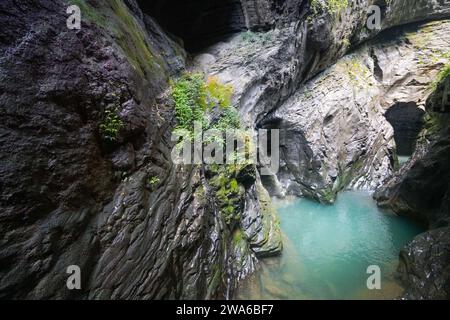 Karst terrain features. There are fast streams and small pools in the ...