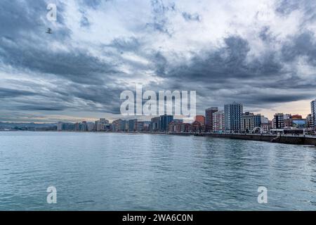 Panoramic view of San Lorenzo beach and the bay of Gijon city, Asturias ...