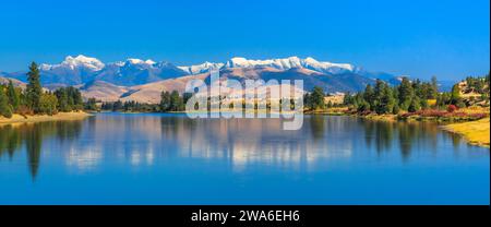 panorama of the flathead river in autumn below the mission mountains ...