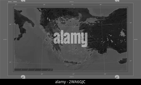 Greece highlighted on a Grayscale elevation map with lakes and rivers ...