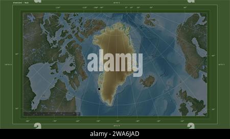 Greenland highlighted on a Colored elevation map with lakes and rivers ...