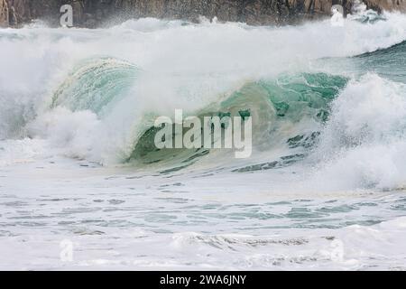 High winds and big waves during Storm Gerrit at Porthcurno beach ...