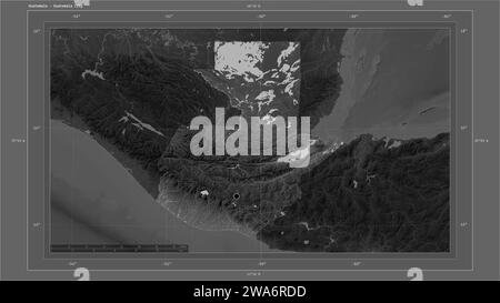Guatemala highlighted on a Grayscale elevation map with lakes and ...