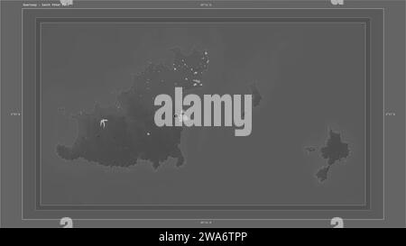 Guernsey outlined on a Grayscale elevation map with lakes and rivers ...