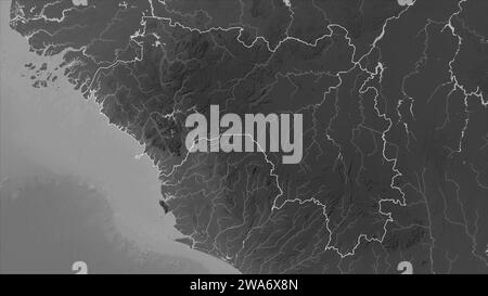 Conakry, region of Guinea. Grayscale elevation map with lakes and ...