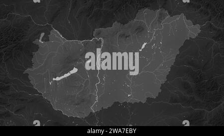 Hungary highlighted on a Grayscale elevation map with lakes and rivers ...