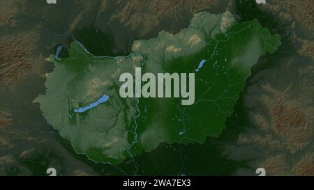 Hungary highlighted on a Colored elevation map with lakes and rivers ...