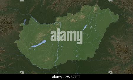 Hungary highlighted on a Pale colored elevation map with lakes and ...