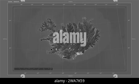 Iceland highlighted on a Grayscale elevation map with lakes and rivers ...