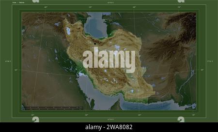 Iran outlined on a Pale colored elevation map with lakes and rivers ...