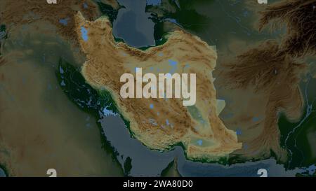 Iran highlighted on a elevation map colored in sepia tones with lakes ...