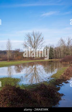 small river overflows after a period of prolonged heavy rain flooding ...