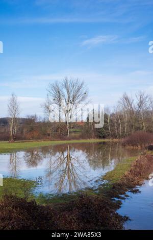 small river overflows after a period of prolonged heavy rain flooding ...