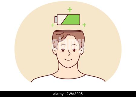 Smiling man with battery above head charging to full capacity. Happy ...
