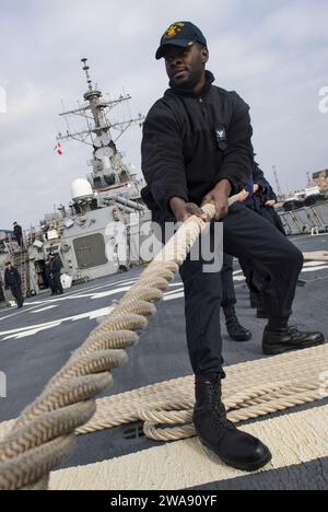 US Navy A line-handler aboard the guided missile frigate USS Reuben ...