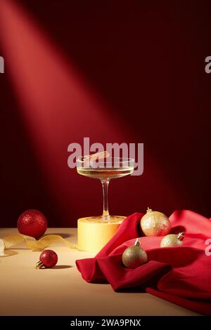 Glass of red wine on the podium. Red bright background. Minimalism ...