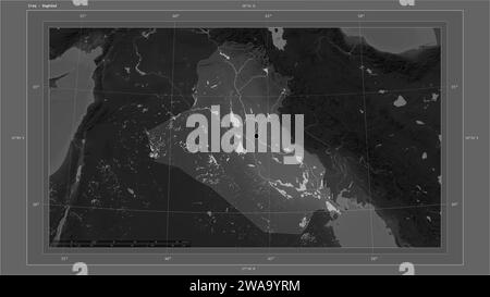 Iraq outlined on a Grayscale elevation map with lakes and rivers Stock ...