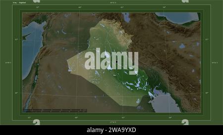 Iraq outlined on a Pale colored elevation map with lakes and rivers ...