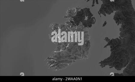 Ireland highlighted on a Grayscale elevation map with lakes and rivers ...