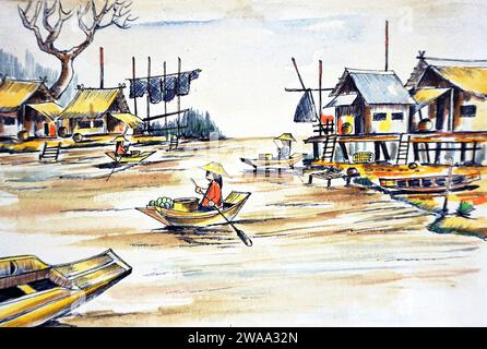 art drawing comic floating market countryside thailand Stock Photo - Alamy
