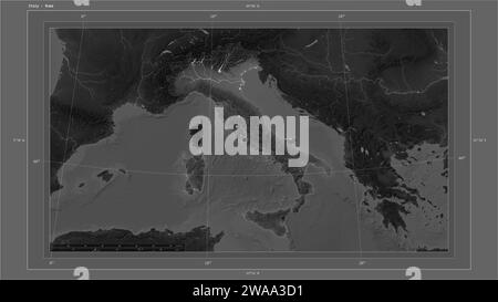 Italy highlighted on a Grayscale elevation map with lakes and rivers ...