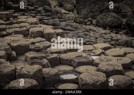 Detail of hexagonal stones or pillars at Giants causeway in northern ...