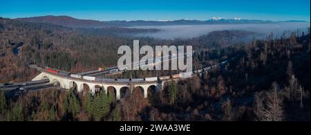 Modern logistics - single train running over the massive viaduct over ...
