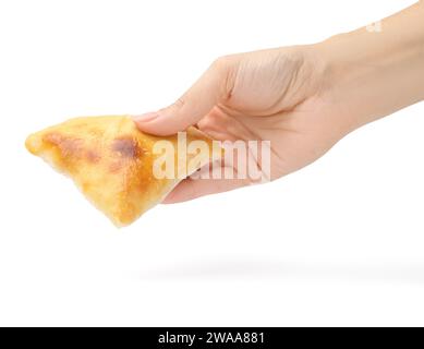 Woman holding delicious samosa on white background, closeup Stock Photo ...