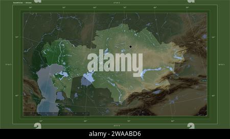 Kazakhstan outlined on a Pale colored elevation map with lakes and ...