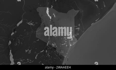 Kenya highlighted on a Grayscale elevation map with lakes and rivers ...