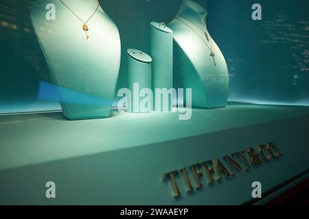 SINGAPORE - NOVEMBER 07, 2023: Tiffany and Co sign over store entrance ...