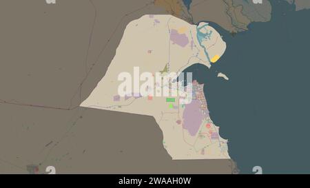 Kuwait highlighted on a topographic, OSM France style map map with the country's capital point ...