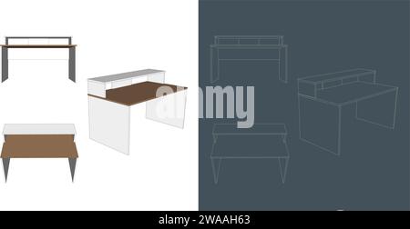 Set of working table wireframe furniture vector for work, study, design ...