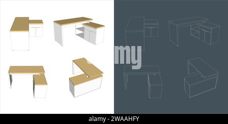 Set of working table wireframe furniture vector for work, study, design ...