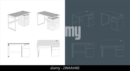 Set of working table wireframe furniture vector for work, study, design ...