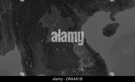 Laos highlighted on a Grayscale elevation map with lakes and rivers map ...