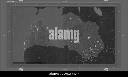 Latvia outlined on a Grayscale elevation map with lakes and rivers ...