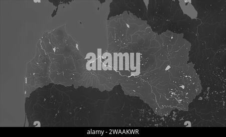 Latvia highlighted on a Grayscale elevation map with lakes and rivers map with the country's ...