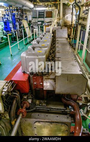 Main engine, Inside engine room on big ship, Marine engine on vessel ...