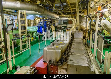 Main engine, Inside engine room on big ship, Marine engine on vessel ...