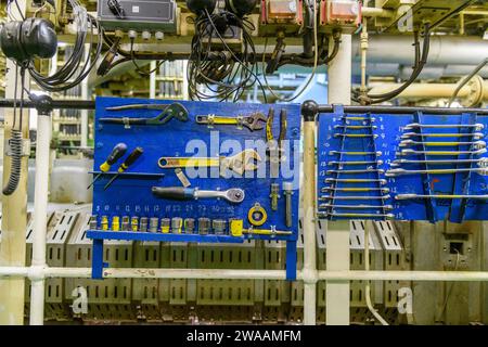 Instrument board on vessel. Spanners. Engine room interior Stock Photo ...
